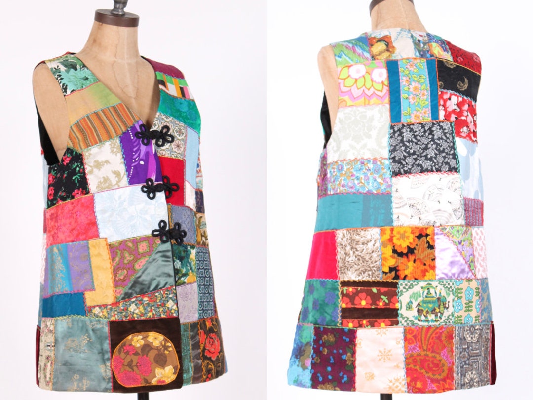 1970s Patchwork + Embroidered Vest Crazy Quilt Mini Dress Hippie Tunic ...