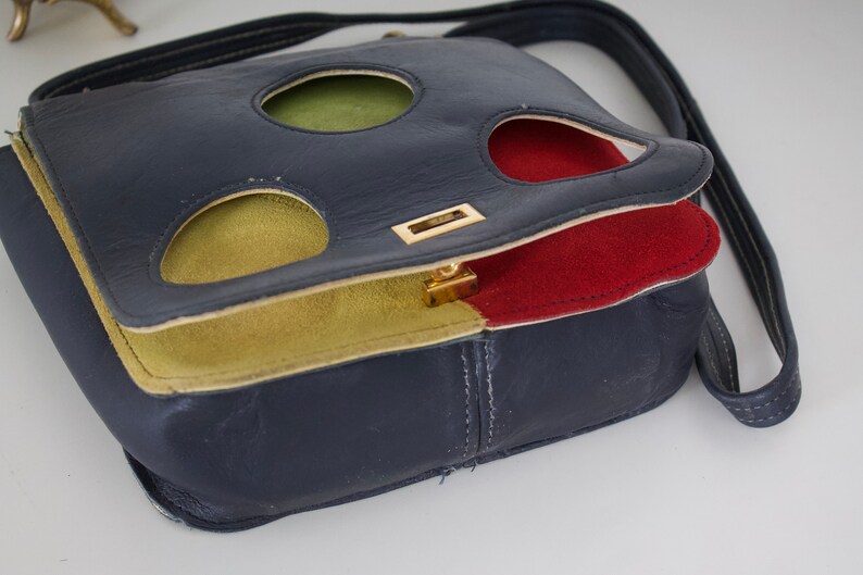 1960s Mod Purse Blue Leather + Suede Polka Dot Hand Bag Shoulder Cross ...