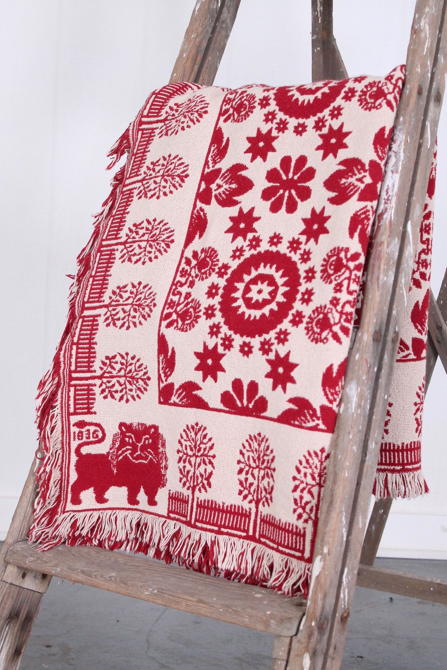 Vintage Primitive 1836 Colonial Era Jacquard Woven Throw Reversible ...