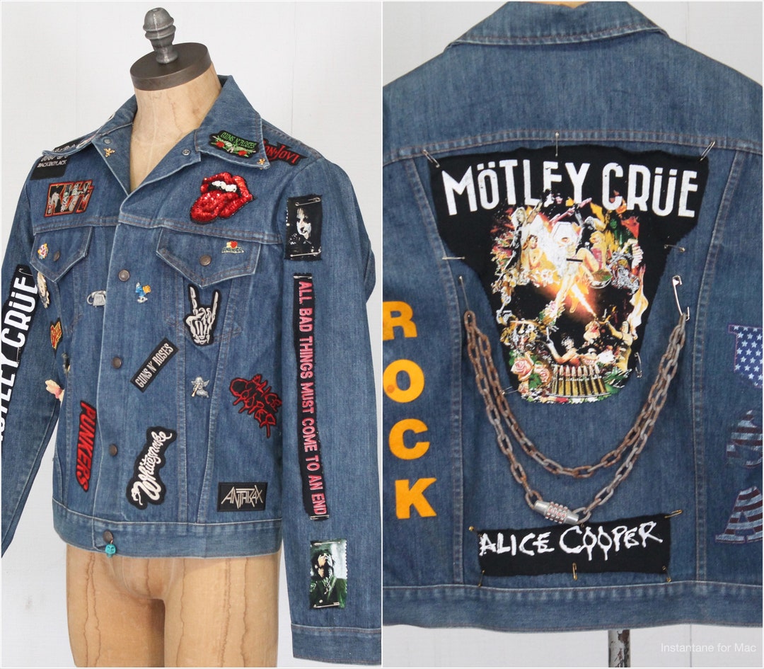 Rock + Roll Patchwork Denim Jacket Rolling Stones Kiss Bowie Whitesnake ...