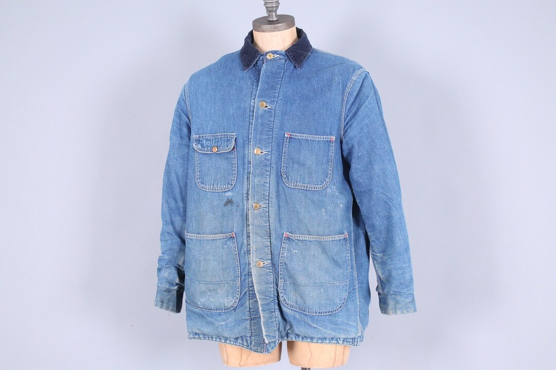 Vintage Sears Workwear Denim Jean Jacket Barn Chore Field Coat Blue Corduroy Collar Country Farm ...