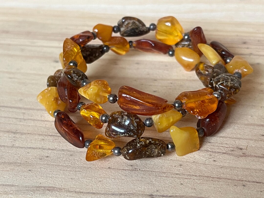 Tri-color Amber Coil Bracelet Honey Baltic Butterscotch Silver Bead ...