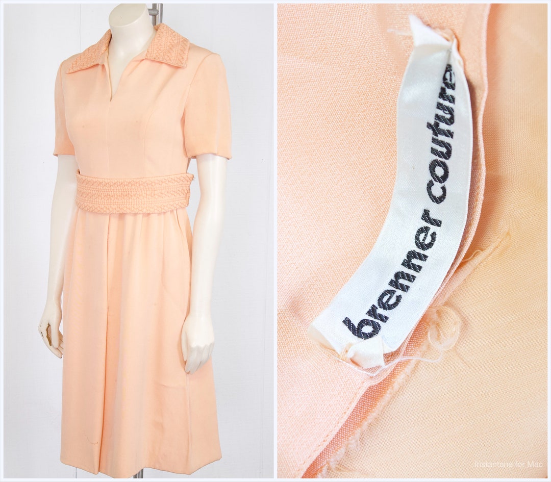 Jack Brenner Couture Dress Vintage Orange Cream 1960s 1970s Wide Collar Peach Embroidered Fitted ...