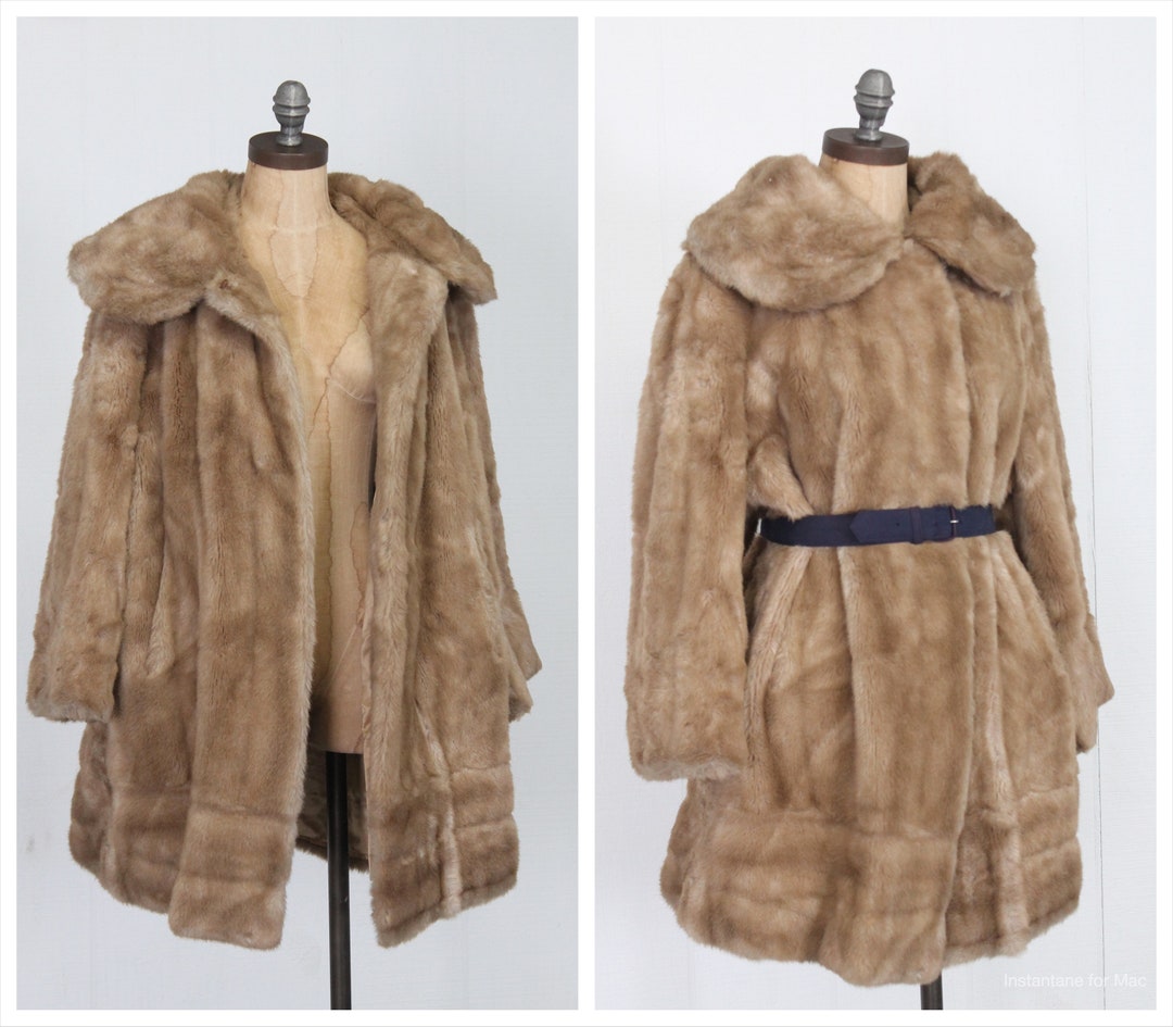 Vintage 1960s Brown Mink Faux Fur Full Trapeze Princess Coat Rounded ...