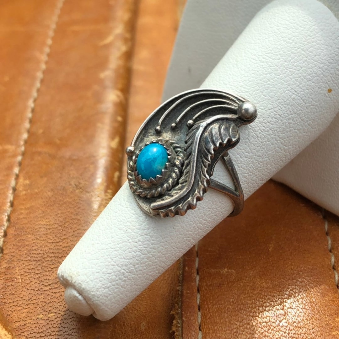 Native American Turquoise Silver Ring Feather Bezel Vintage Navajo ...