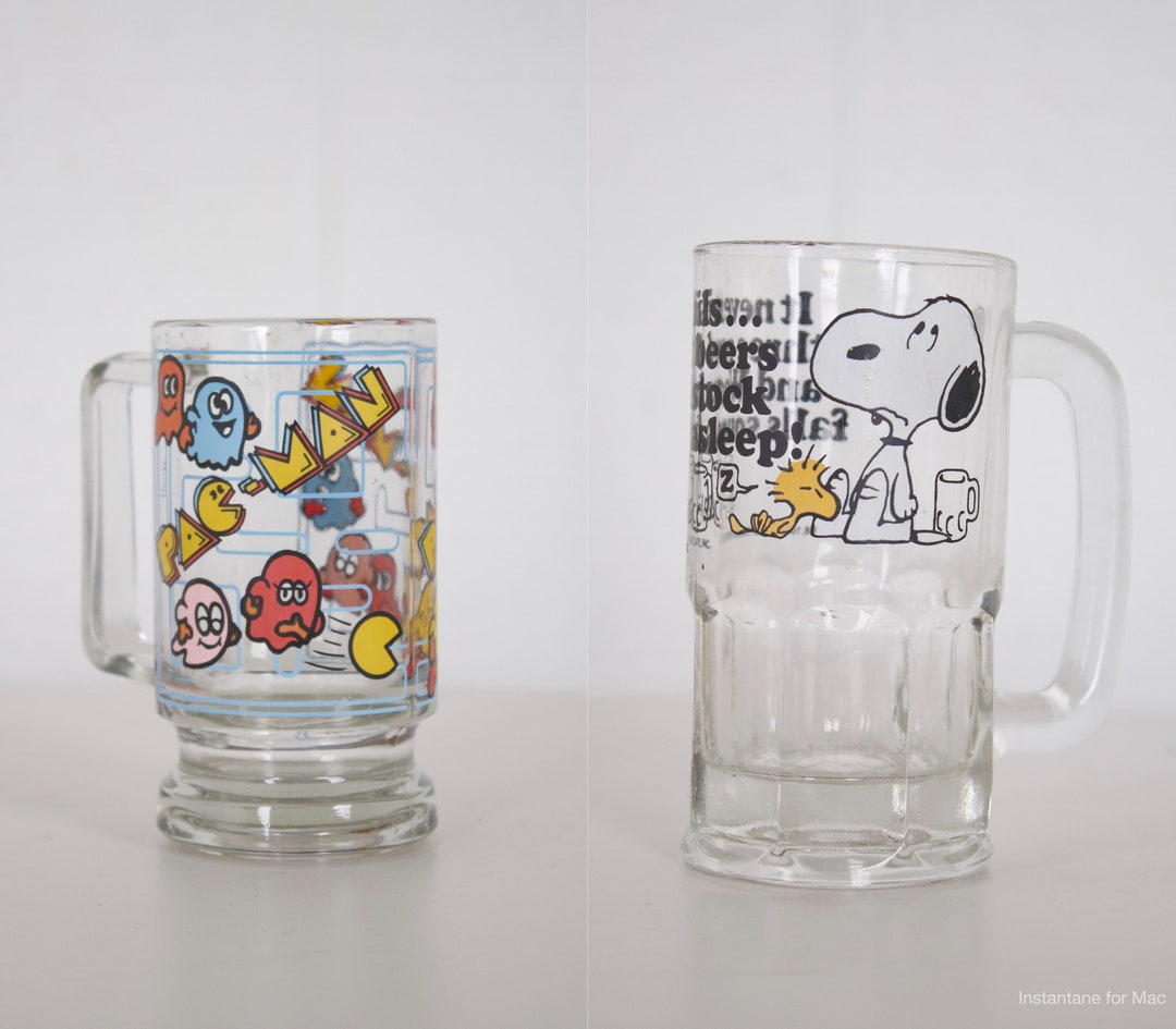 Vintage Pac-man + Snoopy & Woodstock Root Beer 12 Oz Glass 2 Piece Mug ...