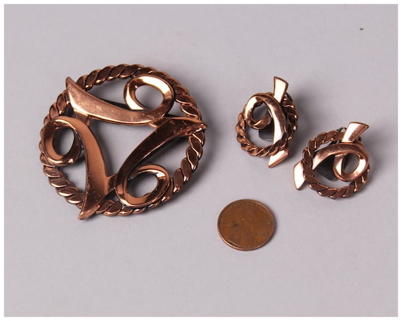 vintage mid century modern copper brooch pin & earrin… - Gem