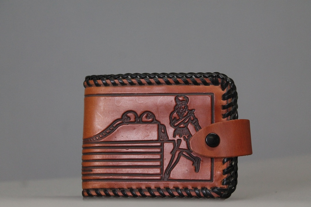 Vintage Hand Tooled Bowling Leather Wallet Brown Billfold 1970s 1960s ...