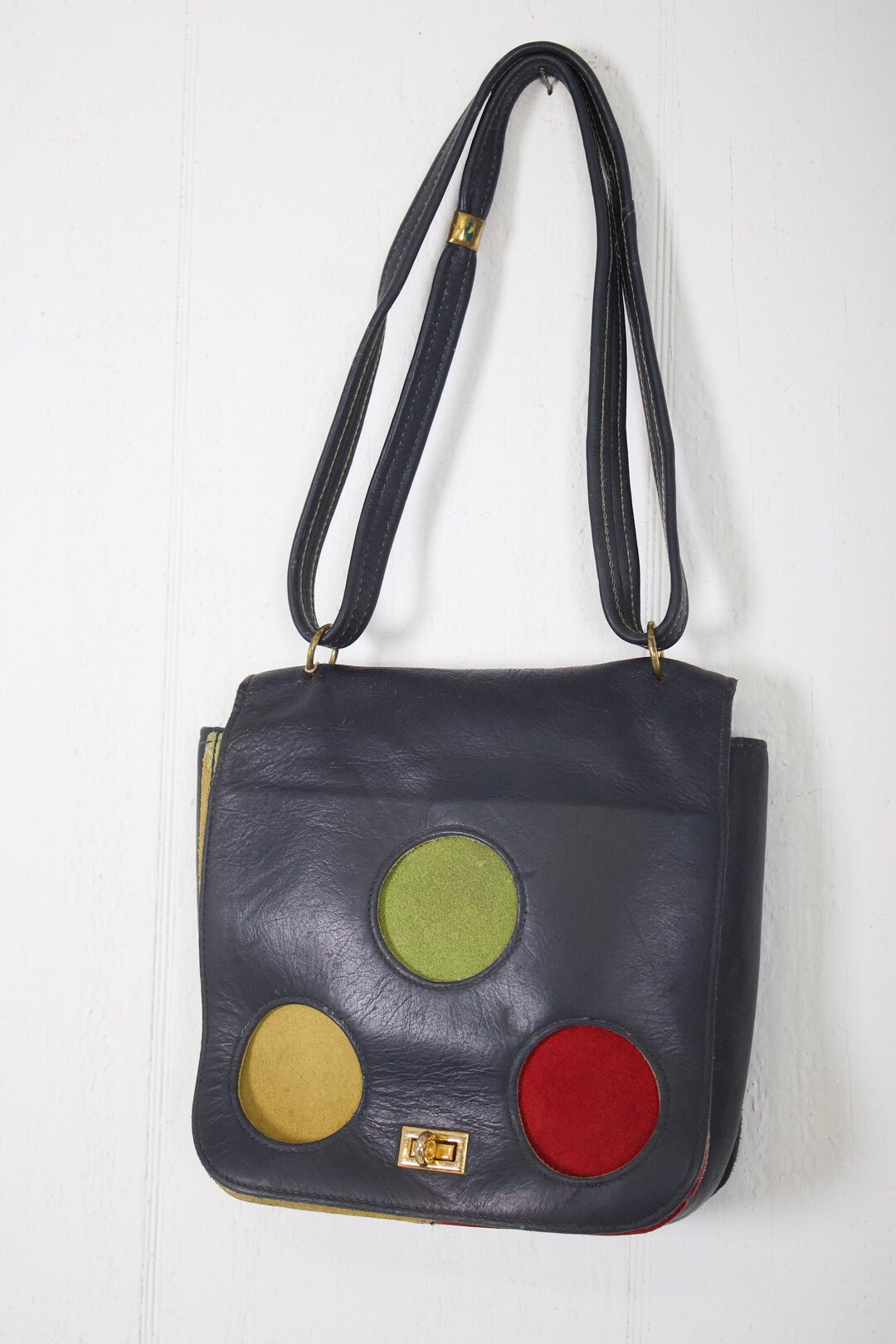 1960s Mod Purse Blue Leather + Suede Polka Dot Hand Bag Shoulder Cross ...
