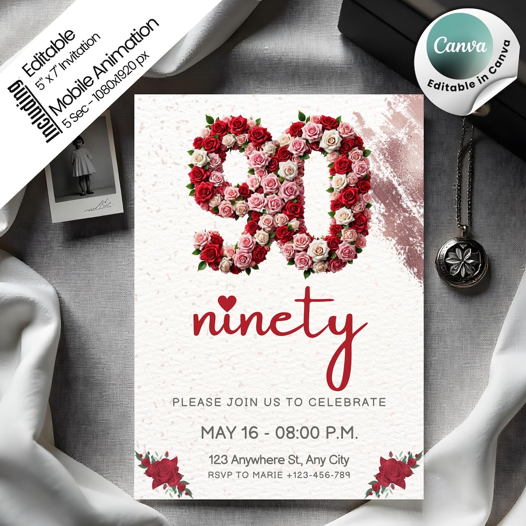 Editable 90th Birthday Invitation Template, Rose Gold 90th Birthday ...