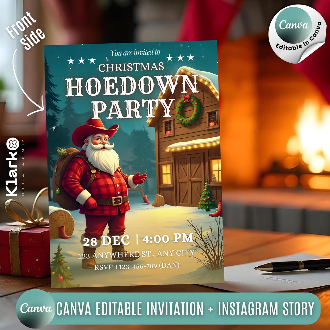 Christmas Hoedown Party Invitation, Rustic Holiday Santa Invitation ...