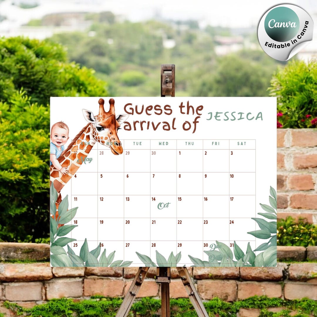 Tropical Jungle Giraffe Baby Shower Due Date Calendar • Mom and Baby ...
