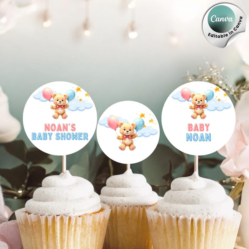 Editable Brown Bear Balloon Baby Shower Cupcake Topper • We Can Bearly ...