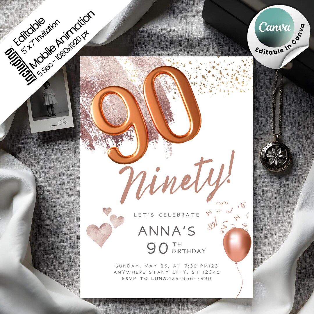 Editable 90th Birthday Invitation Template Rose Gold 90th Birthday ...