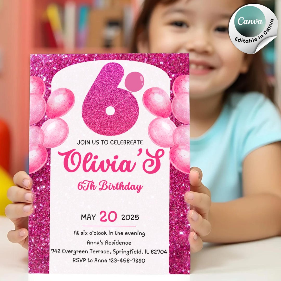 Pink 6th Birthday Invitation Template, Glitter Birthday Invite, Foil ...