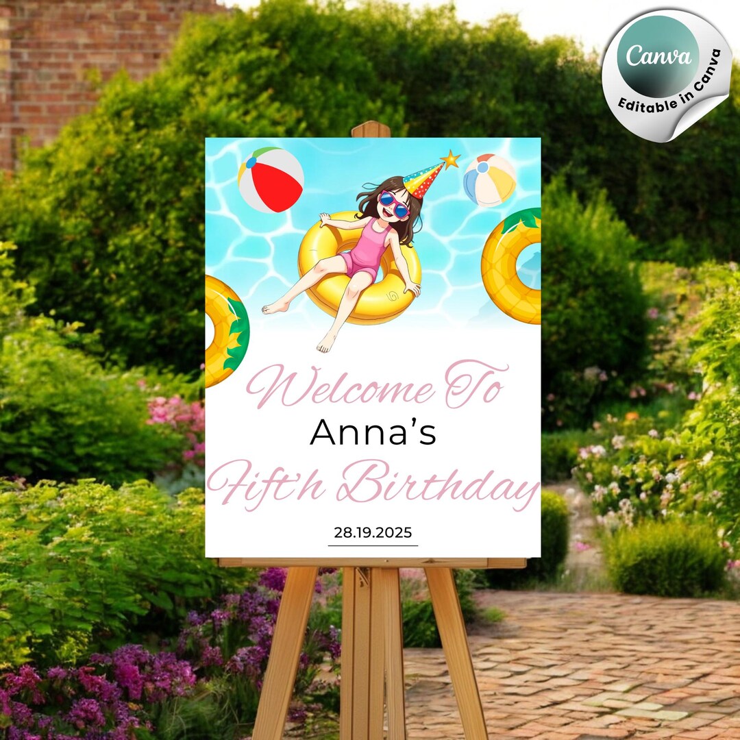 Pool Party Welcome Sign, Editable Girl Pool Birthday Party, Pastel Pool ...