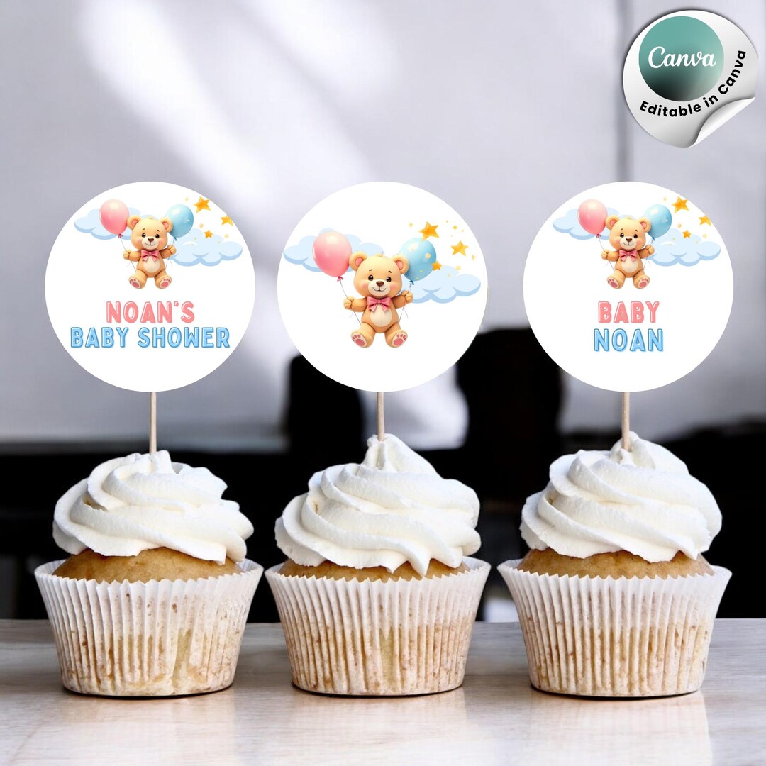 Editable Brown Bear Balloon Baby Shower Cupcake Topper • We Can Bearly ...
