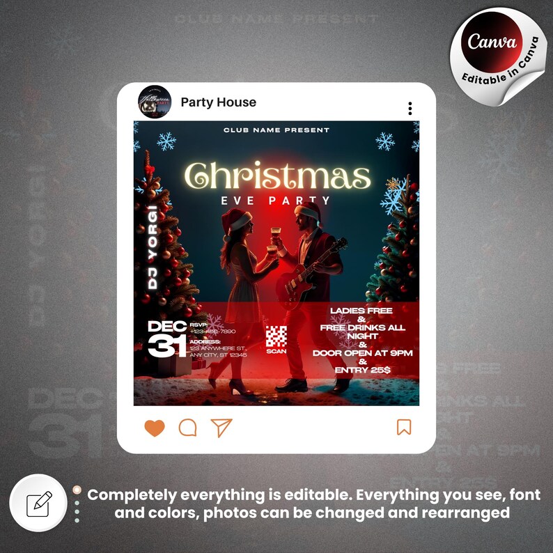 Christmas Club Flyer Template for Canva, Christmas Party Flyer, DIY ...