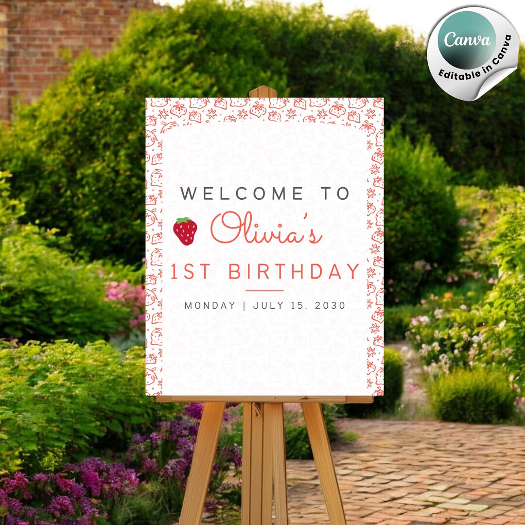 Berry First Birthday Welcome Sign, Editable Strawberry 1st Birthday ...