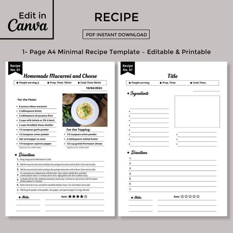 A4 Simple Recipe Card Template | Editable in Canva Ready to Print Home ...
