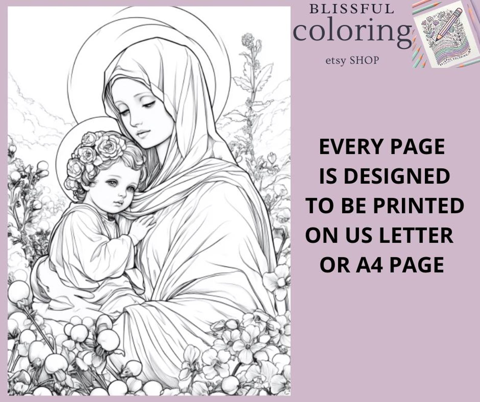 Virgin Mary Coloring Page, Printable Coloring Book, Religious Christian ...