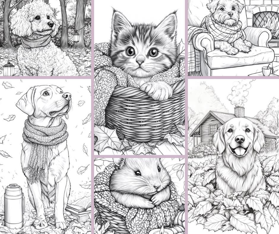Fall Animals Coloring Pages, PDF Instant Download, Cat Coloring Pages ...