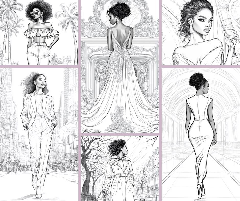 Elegant Black Woman Coloring Pages, Printable Coloring Pages for Adult ...