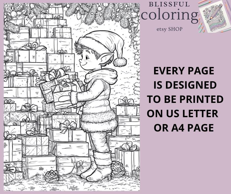 Printable Elf Coloring Pages, Xmas Coloring Pages, Digital Download ...