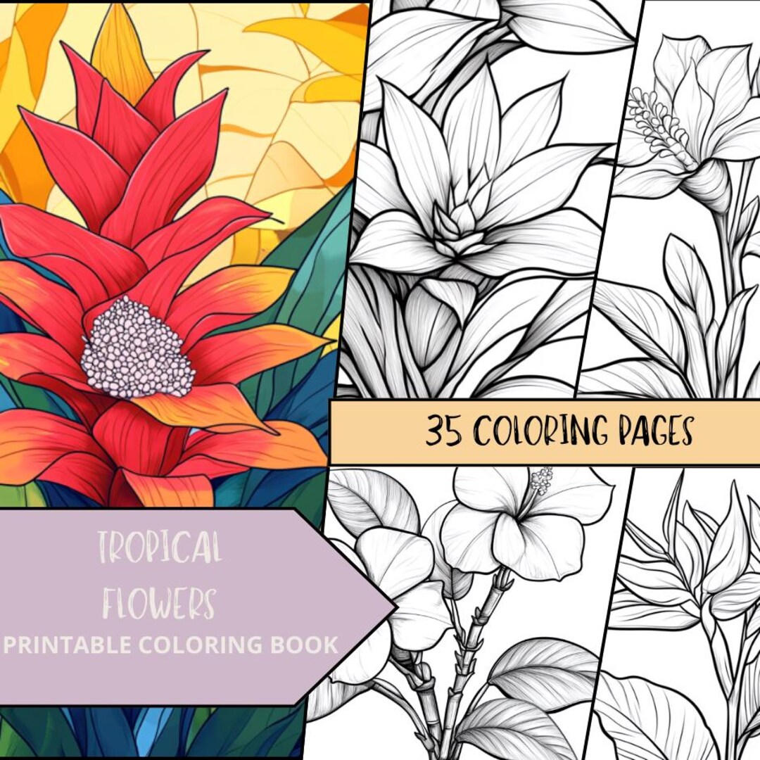 Tropical Flowers Coloring Pages, Stress Relief Coloring Sheets, Nature ...