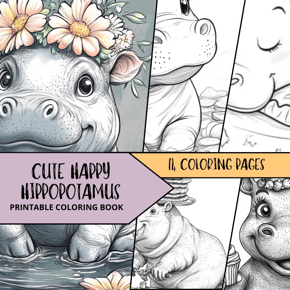 Animals Coloring Pages, Printable Instant Download, Hippopotamus ...