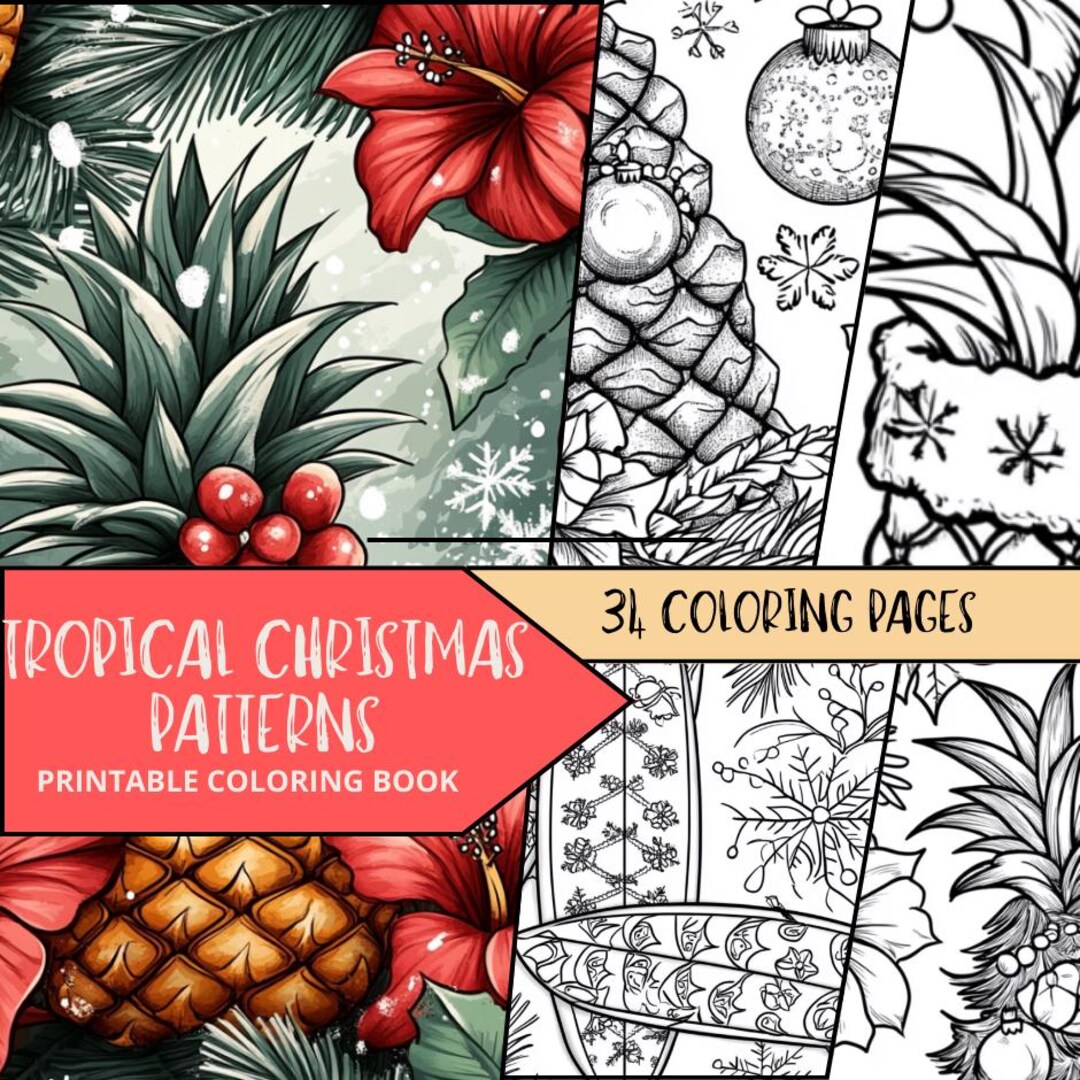 Tropical Christmas Coloring, Xmas Coloring Pages, Printable Digital ...