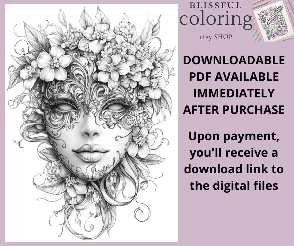 Floral Masks Coloring Pages, Easy Coloring Sheets, Stress Relief ...