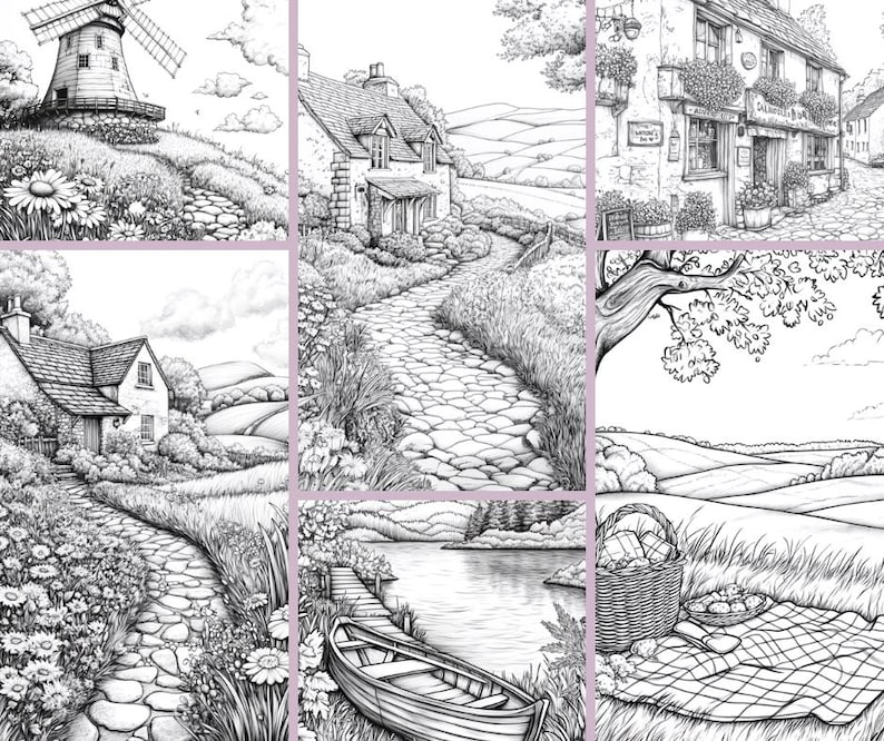 Cottage Coloring, Vintage Cottage Coloring, Cottagecore Coloring ...
