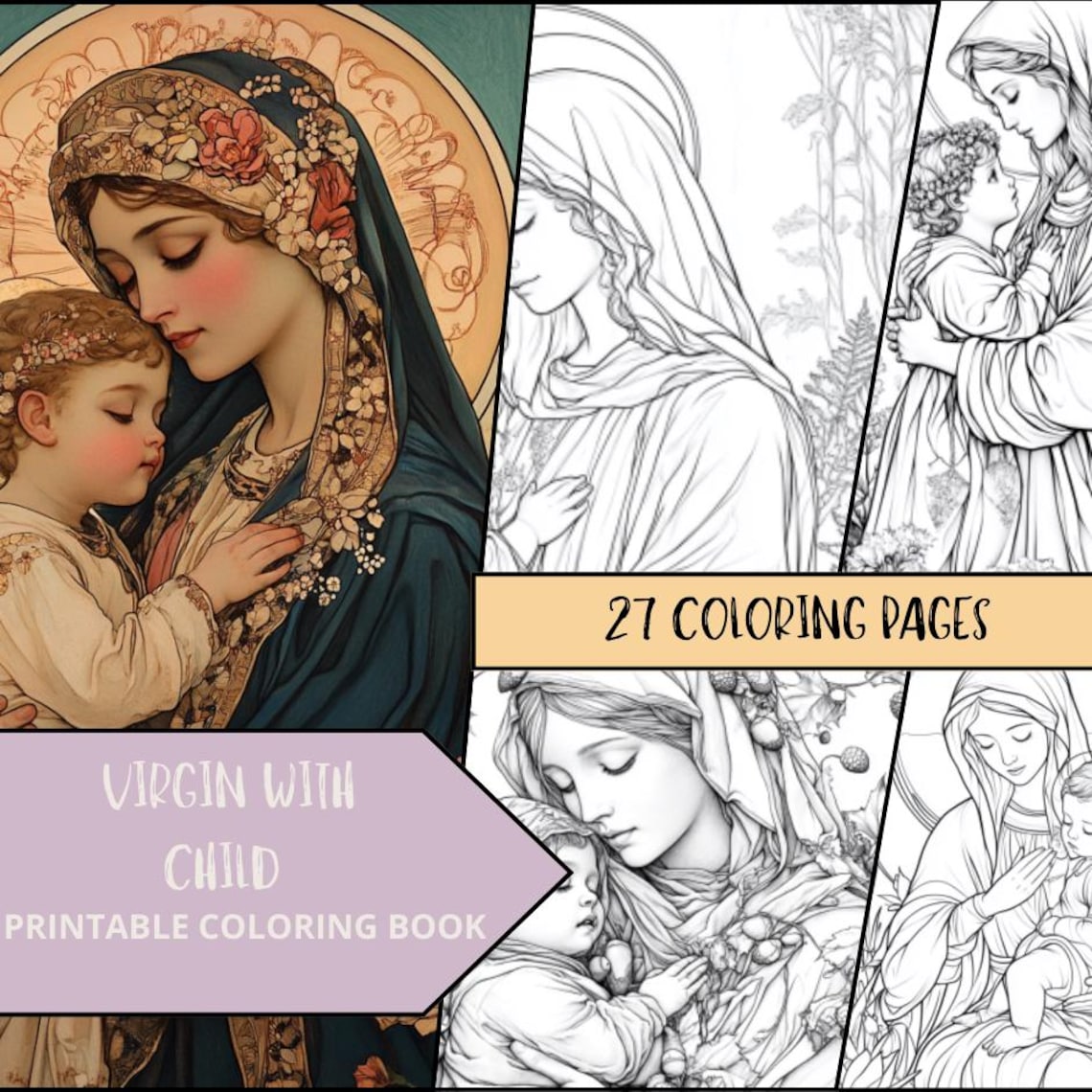 Virgin Mary Coloring Page, Printable Coloring Book, Religious Christian ...