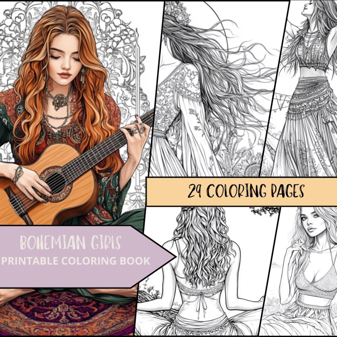 Bohemian Girl Coloring Pages, PDF Instant Download, Coloring Pages for ...
