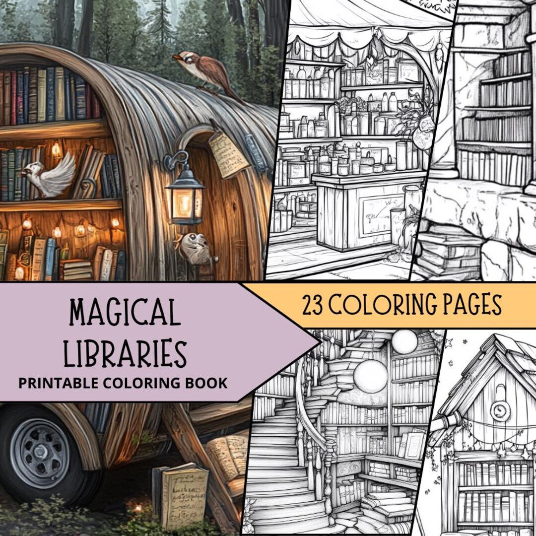 Magical Library Coloring Book, Coloring Book for Book Lovers, Printable ...