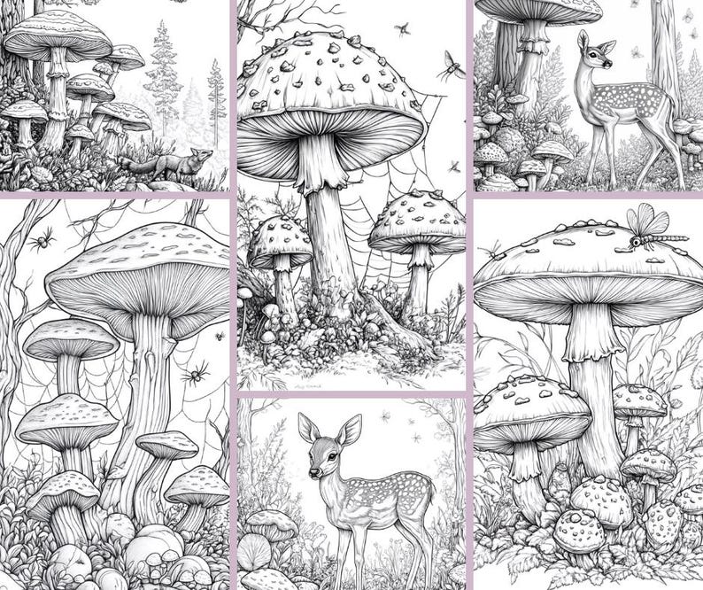 Fantasy Mushrooms Coloring Pages, Stress Relief Nature Coloring ...