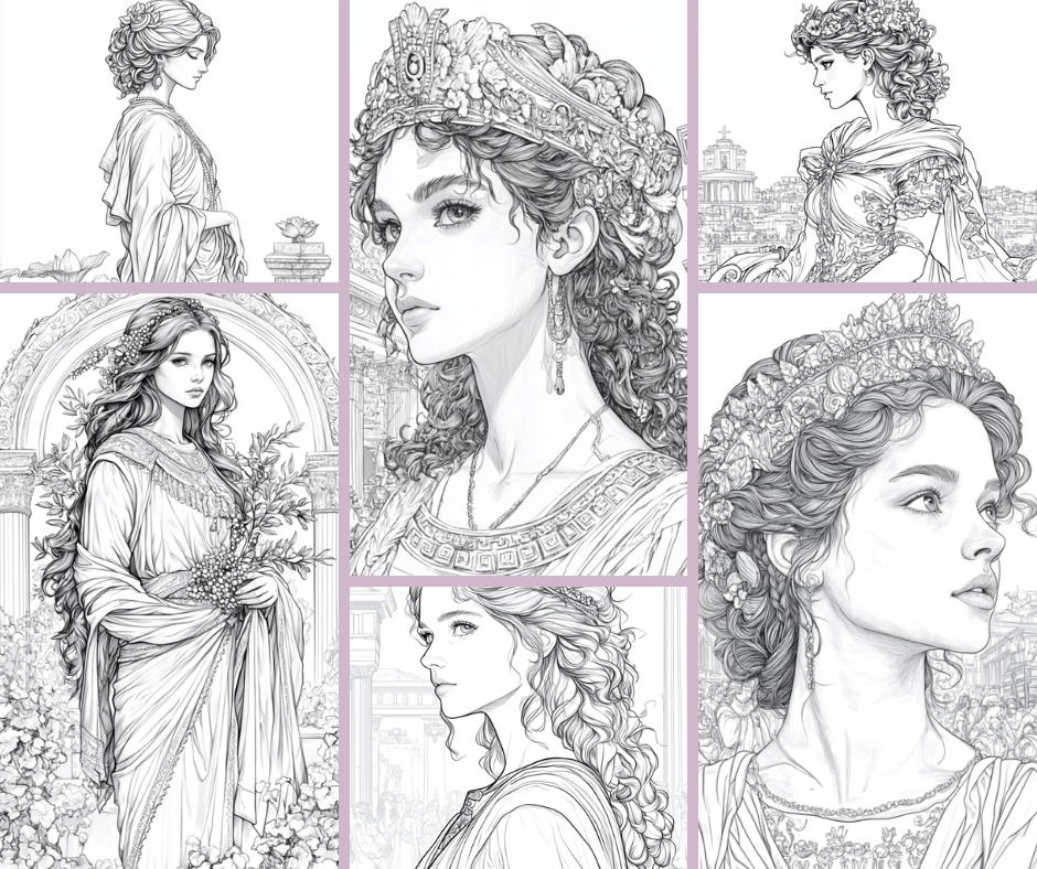 Greek Goddess Coloring, Beautiful Woman Coloring Page, Printable ...