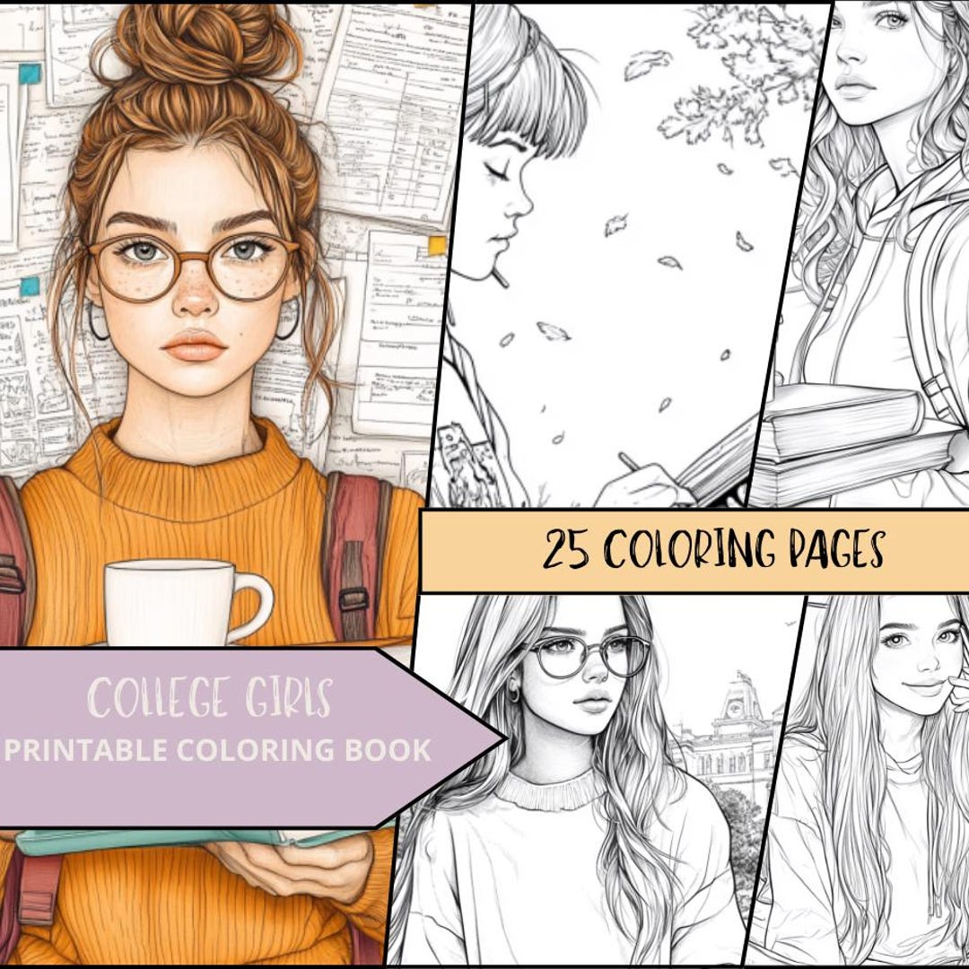 College Girl Coloring Pages,pdf Instant Download, Coloring Pages for ...