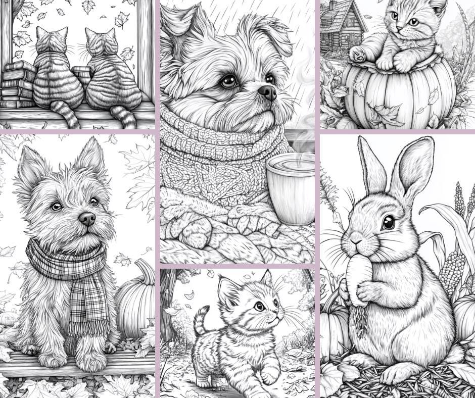 Fall Animals Coloring Pages, PDF Instant Download, Cat Coloring Pages ...