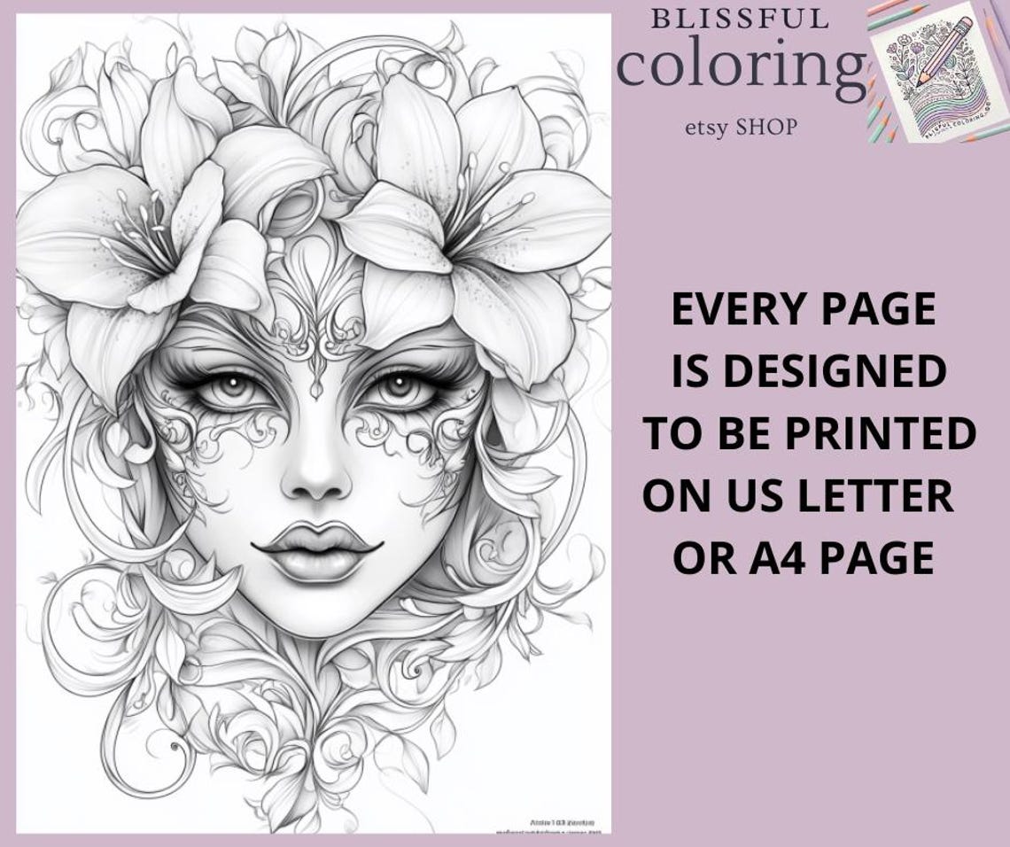 Floral Masks Coloring Pages, Easy Coloring Sheets, Stress Relief ...