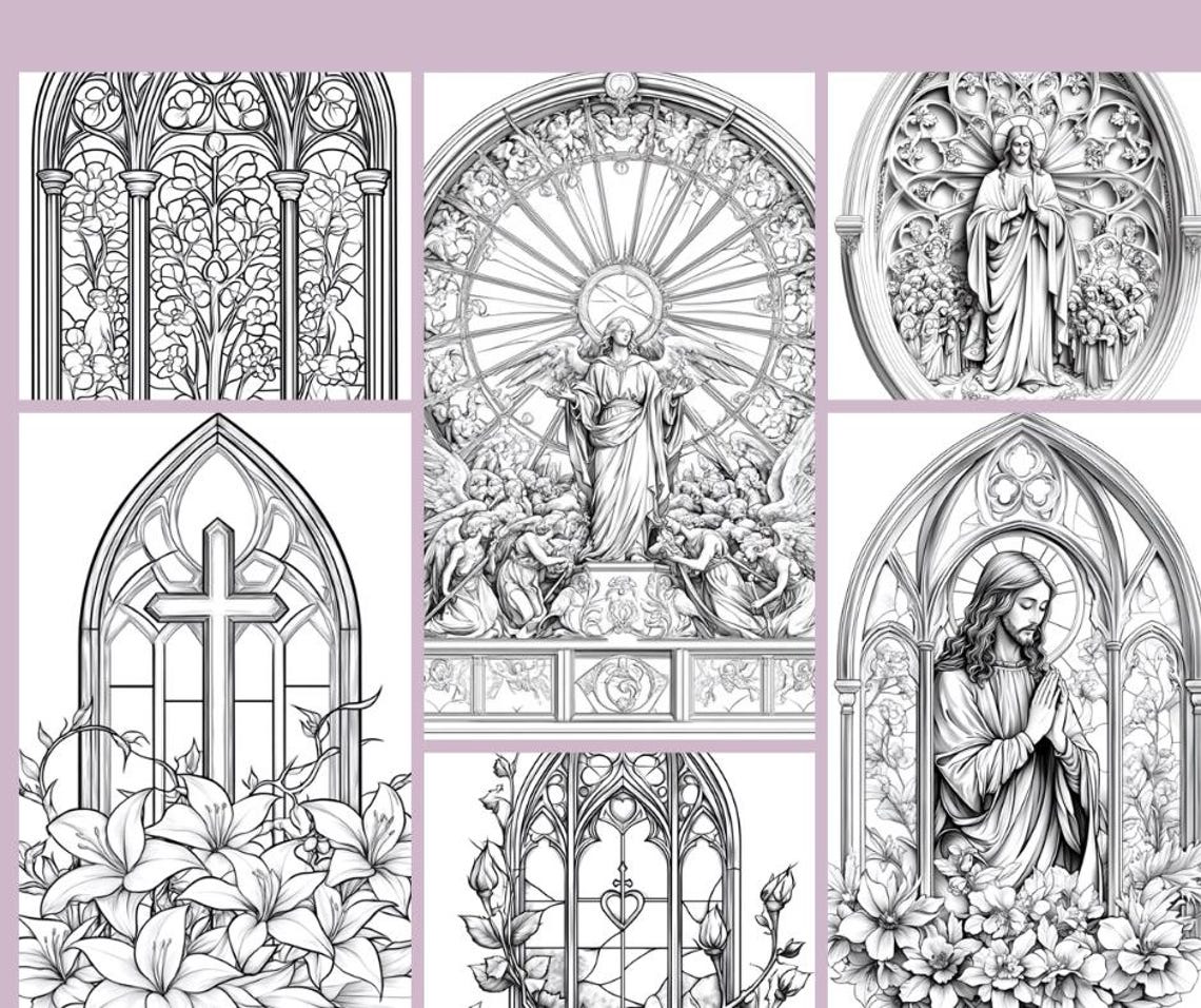 Stained Glass Windows Coloring Pages, Adult Bible Coloring Book, Church ...
