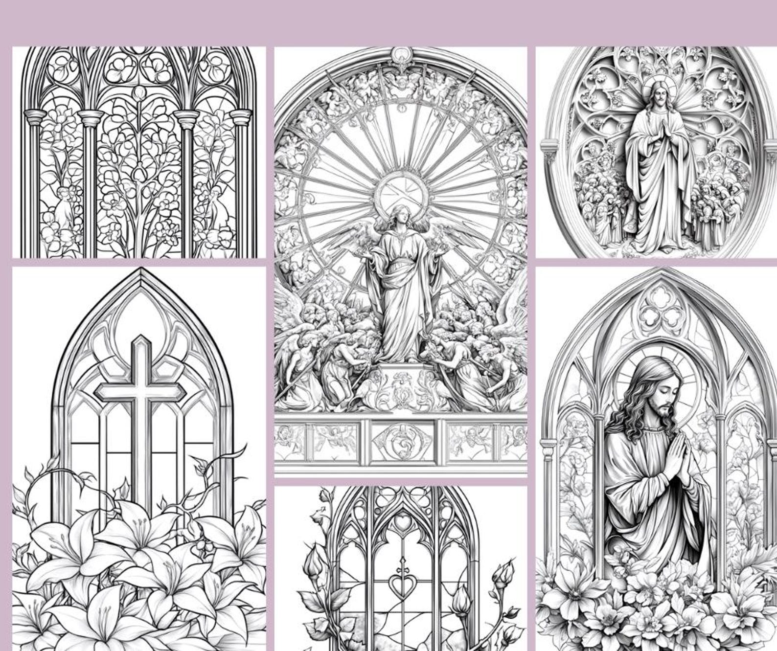 Stained Glass Windows Coloring Pages, Adult Bible Coloring Book, Church ...