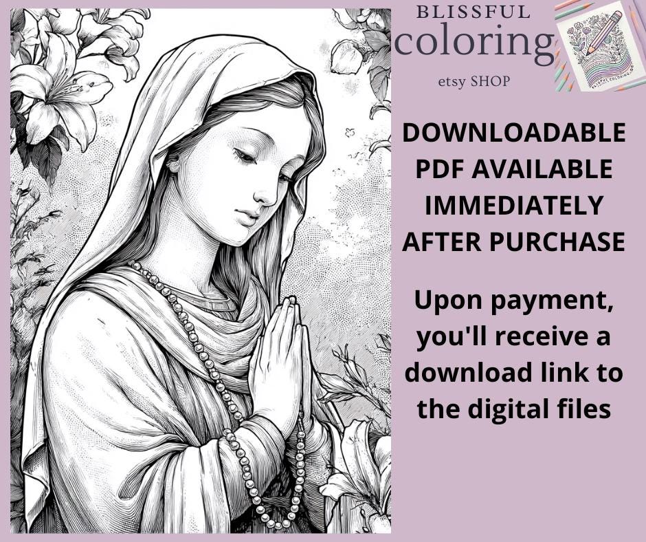Virgin Mary Coloring Page, Printable Coloring Book, Religious Christian ...