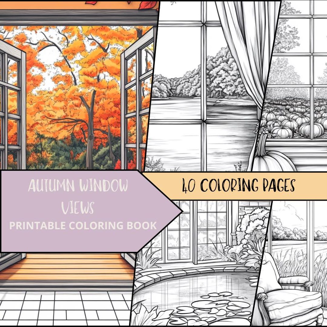 Autumn Window Coloring Pages, Stress Relief Nature Coloring, Coloring ...