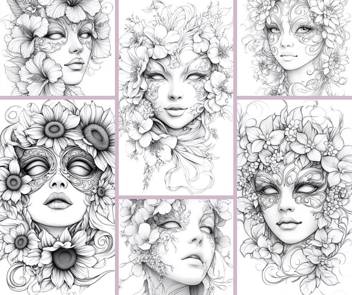 Floral Masks Coloring Pages, Easy Coloring Sheets, Stress Relief ...