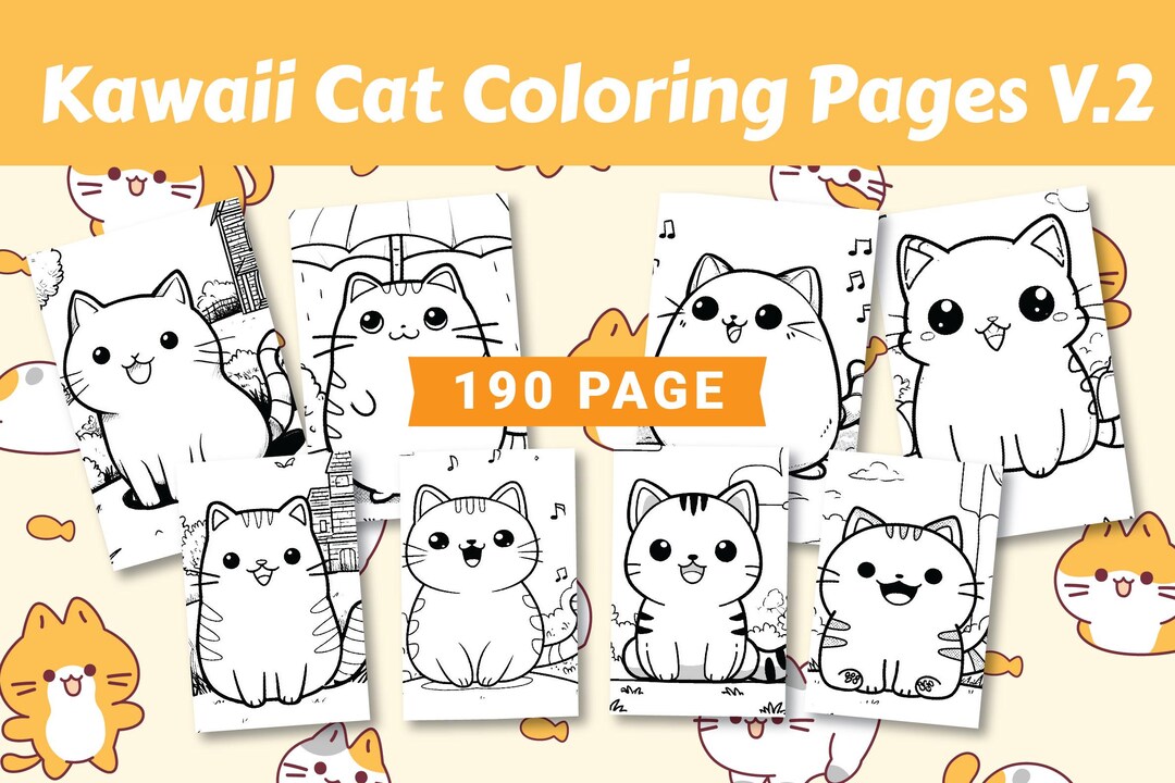 Kawaii Cat Coloring Pages for Kids V.2 | 190 Cute Kitty Printable ...