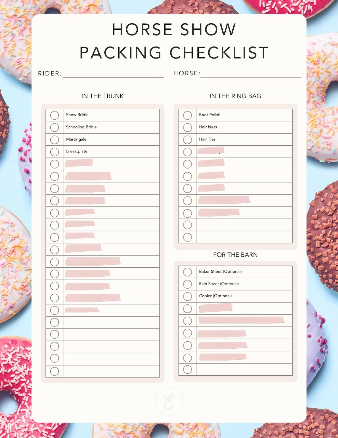 Prefilled Horse Show Packing List for Jumpers - Sweet Treat Theme - Etsy