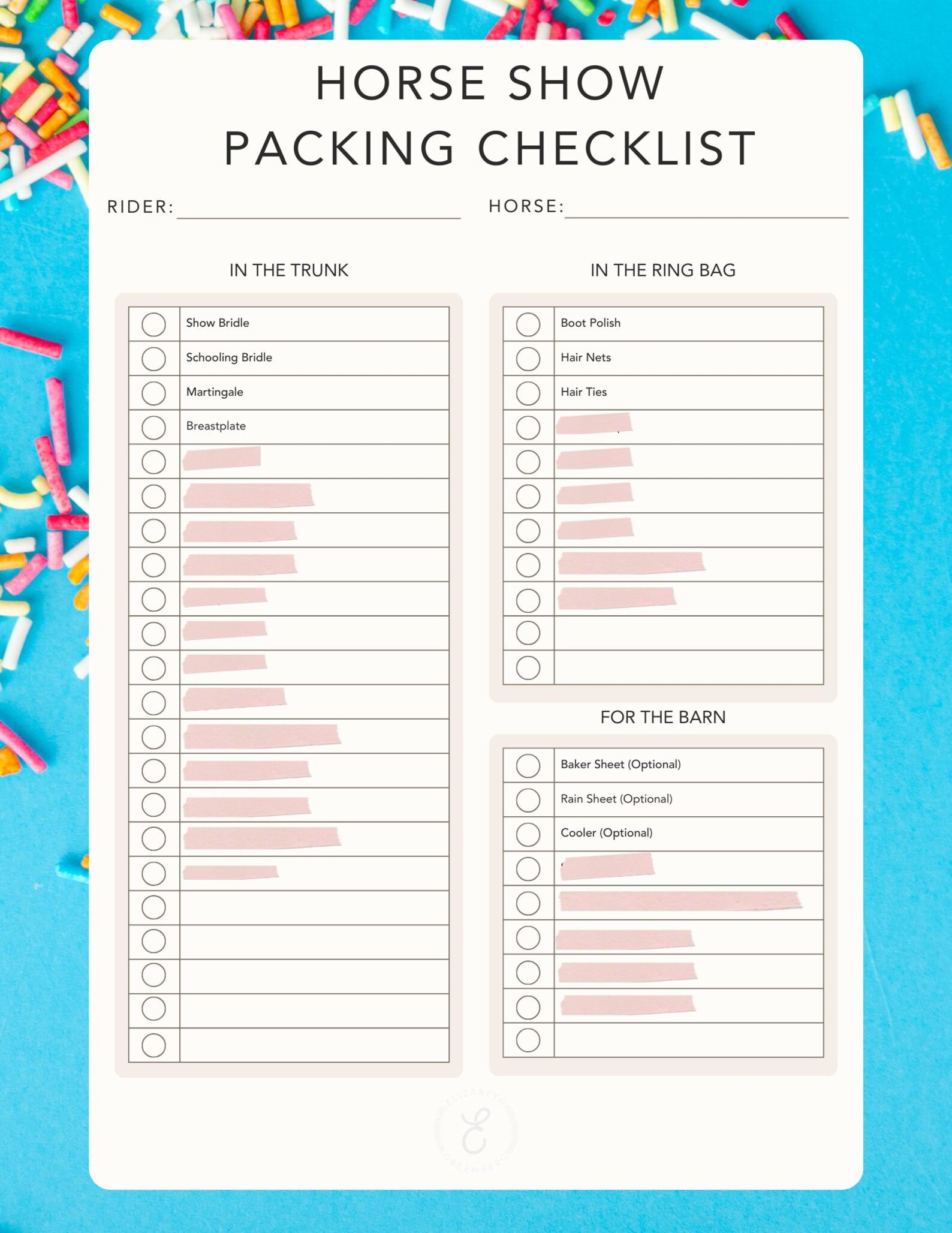 Prefilled Horse Show Packing List for Jumpers - Sweet Treat Theme - Etsy