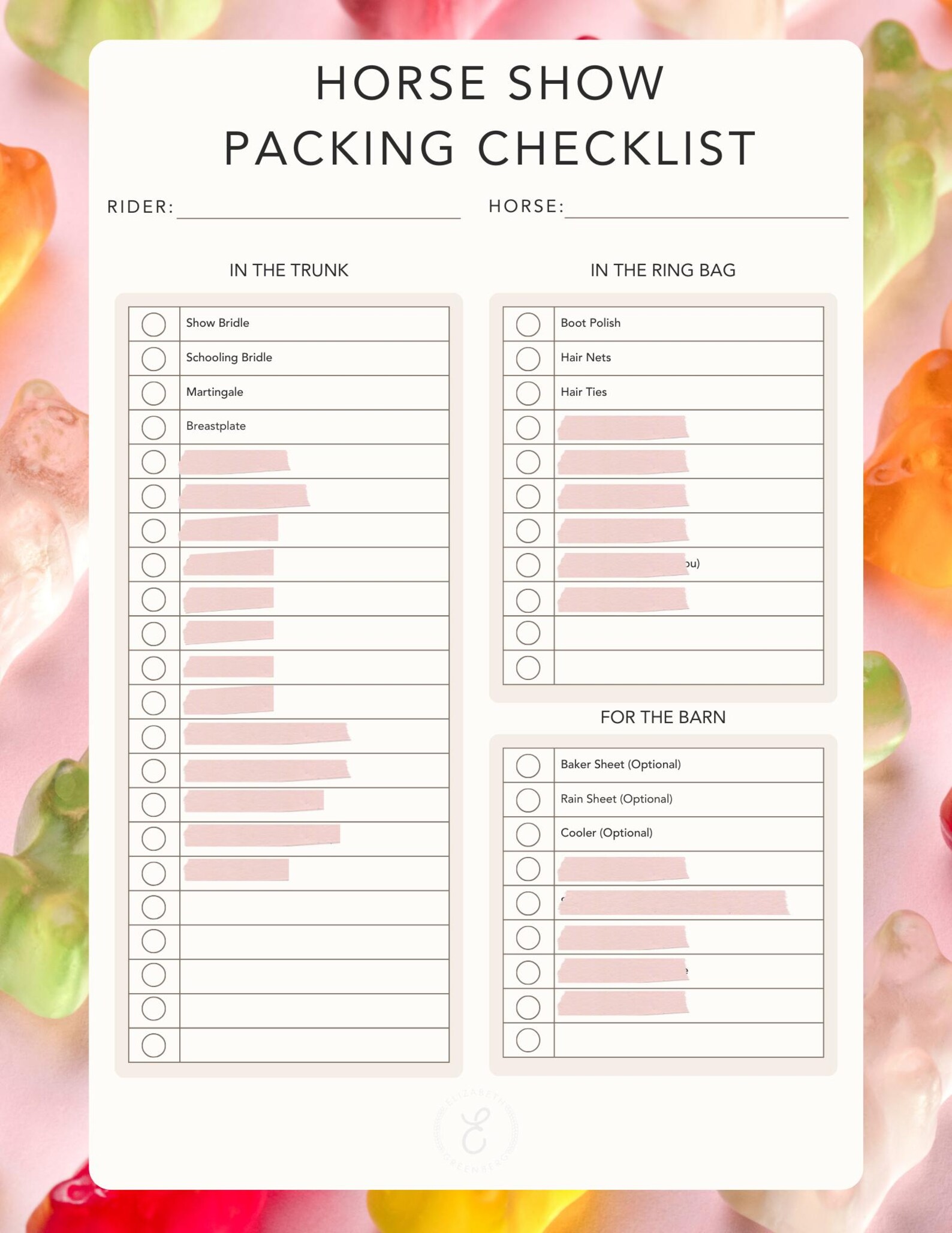 Prefilled Horse Show Packing List for Jumpers - Sweet Treat Theme - Etsy